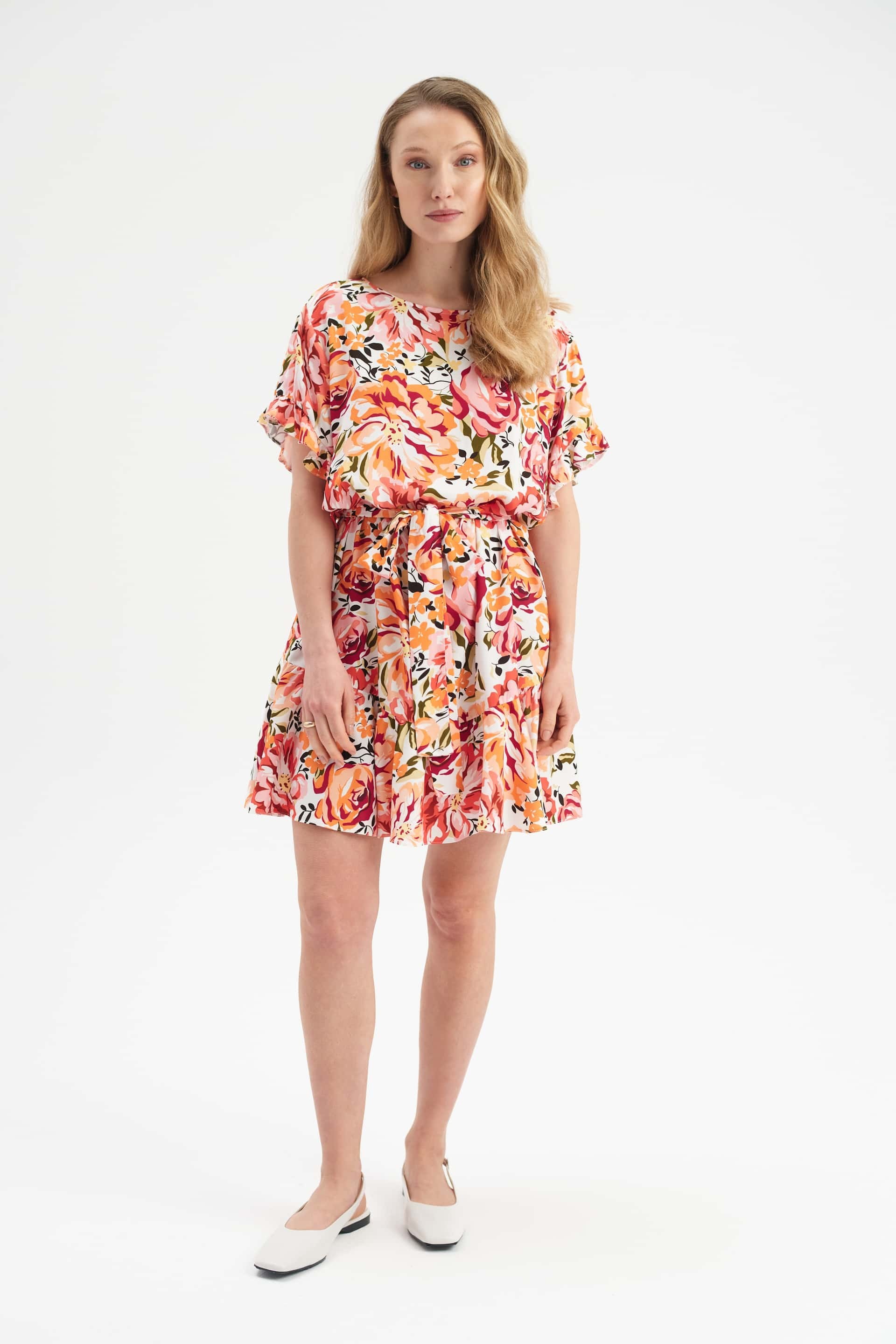 Sukienka mini w kwiaty HOPE ORANGE FLOWERS | sklep NAREE