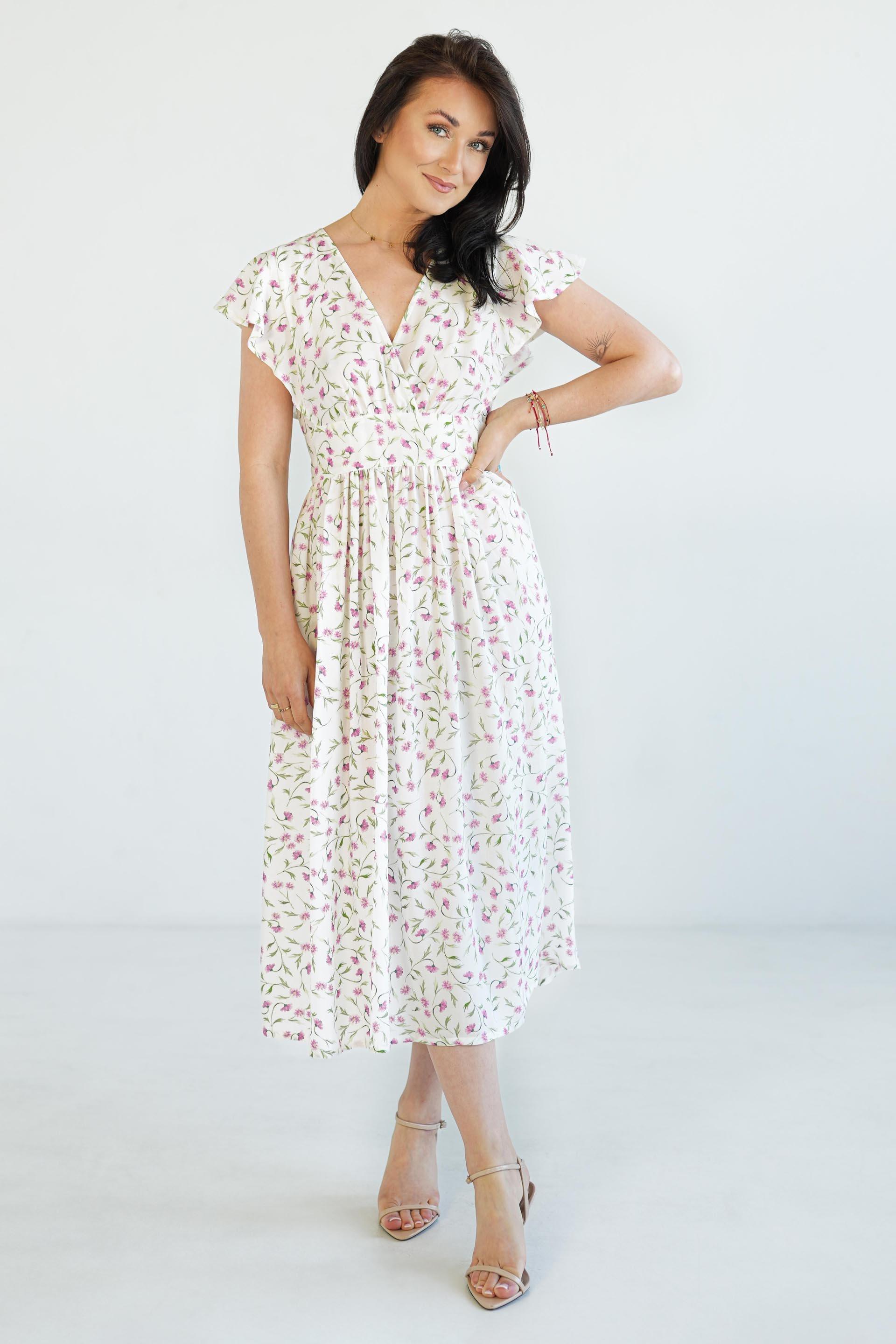 Biała sukienka midi Bianca Pink Flower Midi| Sklep Online Naree