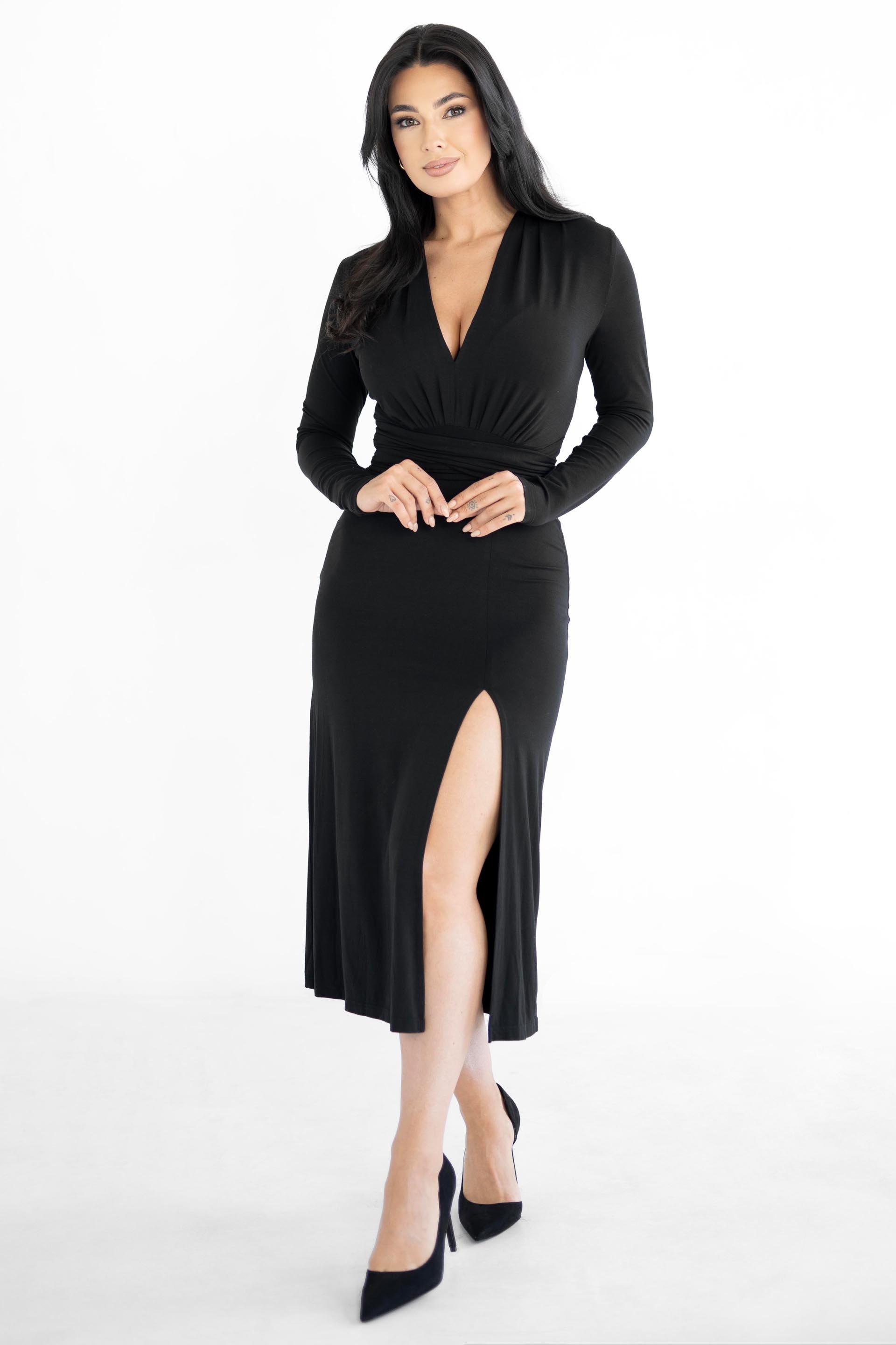 Czarna Sukienka Midi z Rozcięciem, Dopasowana LISA BLACK | Sklep Online ...