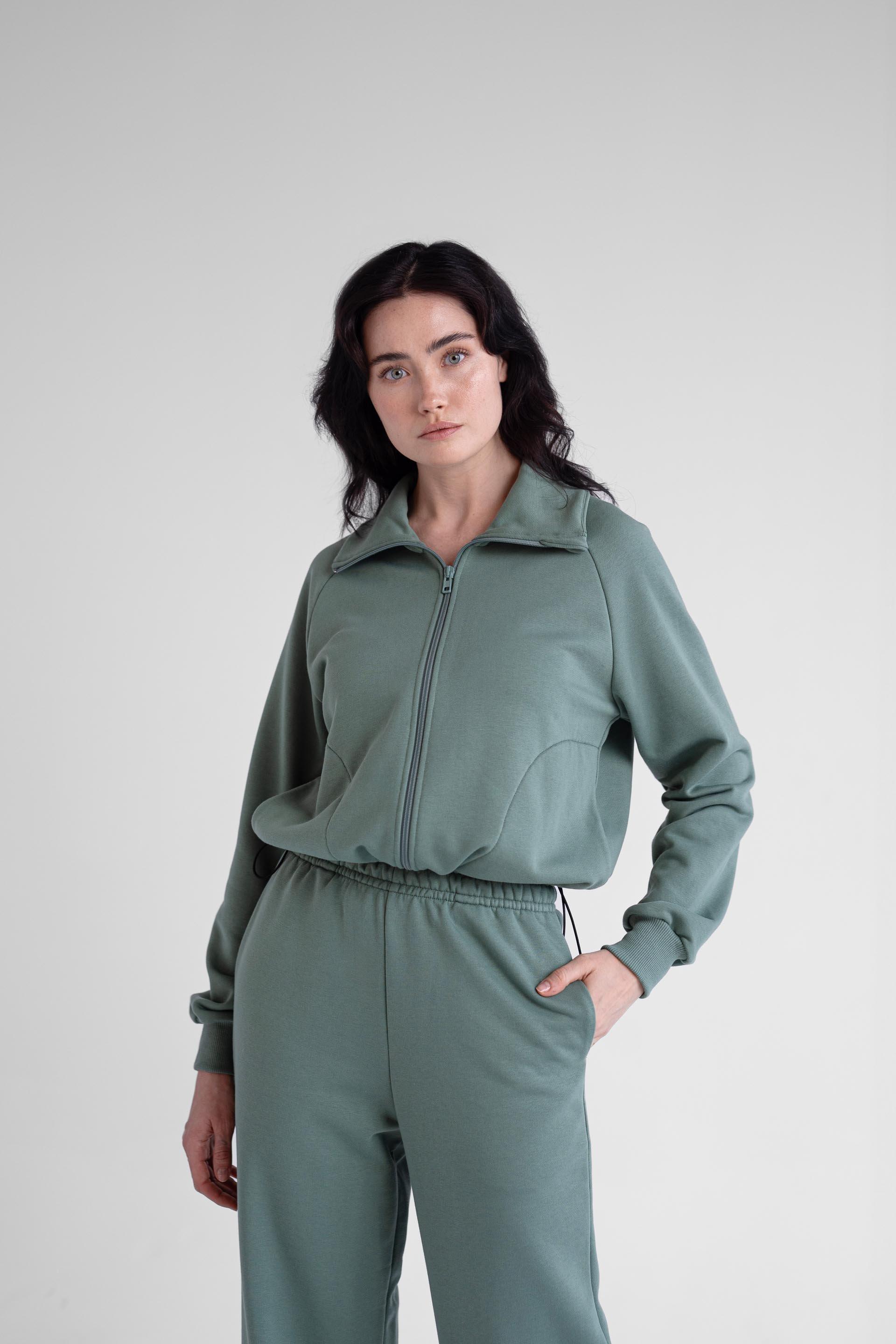 Zielona Bluza Rozpinana Dresowa Damska ASPIO SAGE | Sklep Naree